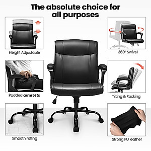 NEO CHAIR Ergonomic Office Chair Desk Chair Mid Back Executive PU Leather Adjustable Computer Desk Gaming Chair Comfortable Padded Arm Lumbar Support Rolling Swivel with Wheels (Black)
