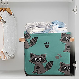 Raccoon Paw Print Storage Basket Bins for Organizing Pantry/Shelves/Office/Girls Room, Animal Pattern Storage Cube Box with Handles Collapsible Toys Organizer 13x13