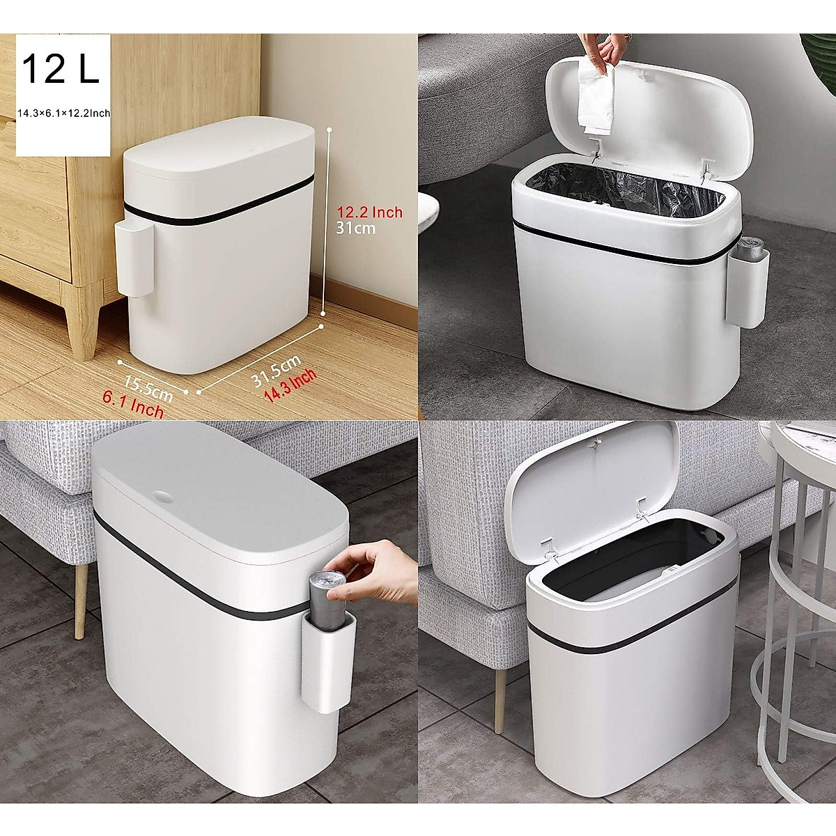 KLGO 12 Liter Slim Plastic Trash Can with Lid,2.6 Gallon Double Barrel Waste Basket,Rectangular Press Garbage Container Bin for Bathroom,Bedroom,Kitchen and Office,White (12 Liter)