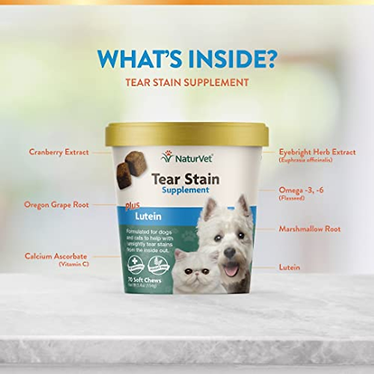 NaturVet – Tear Stain Plus Lutein – Eliminates Unsightly Tear Stains – Enhanced with Cranberry Extract, Marshmallow Root & Oregon Grape Root – for Dogs & Cats – 70 Soft Chews