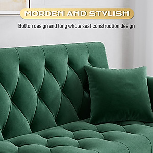 DAMAIFROM 71" Velvet Futon Sofa Bed, Modern Convertible Sleeper Sofa Loveseat, Tufted Futon Couch with Metal Legs for Small Living Room Office Bedroom, Green