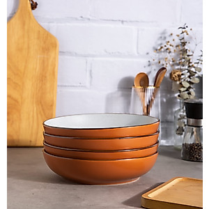 AmorArc 8.5'' Stoneware Pasta Bowls, 32oz Large Speckled Bowls Set of 4 for Kitchen, Wide Bowls for Pasta,Salad,Oatmeal, Microwave&Dishwasher Safe, Matte Orange