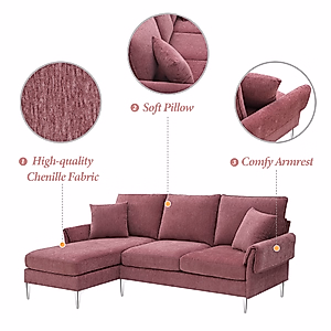 P PURLOVE Convertible Sectional Sofa Couch with 2 Pillows, Convertible Sectional Sofa, Modern Chenille L-Shaped Sofa Couch with Reversible Chaise Lounge for Living Room Apartment (Pink)