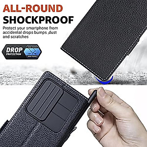 Woluki for Samsung Galaxy Z Fold 4 Case with S Pen Holder, Multifunction Genuine Leather Wallet, Slide Camera Cover, Kickstand, S Pen Slot, Protection Phone Case for Galaxy Z Fold4 5g (2022) - Black