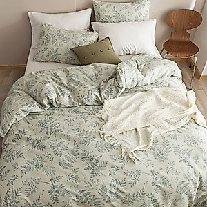 ECOCOTT 3 Pieces Duvet Cover Set with Vintage Green Leaves Pattern 100% Natural Cotton Cozy Simple Style Bedding Set (Queen Size)