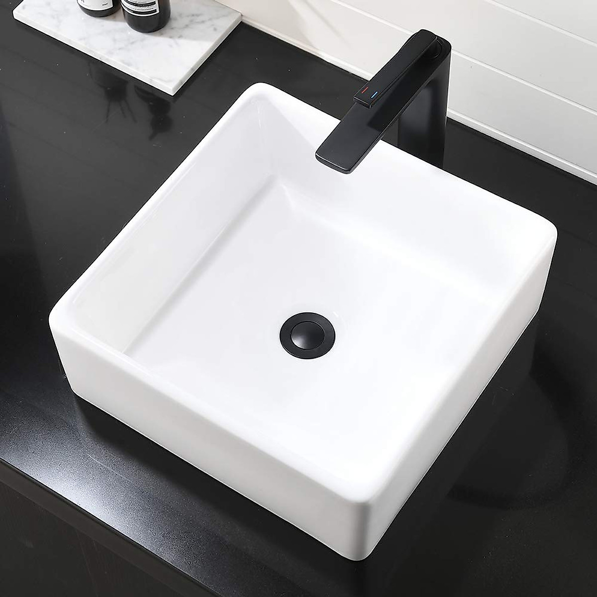 SOMRXO Bathroom Vessel Sink Square Vessel Sink For Bathroom 15"X15" Above Counter Bathroom Sink White Porcelain Ceramic Bathroom Vessel Sink Vanity Sink Art Basin