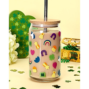 Nefelibata Lucky Charm Iced Coffee Glass Cup Beer Can Glass 16oz with Bamboo Lid and Metal Straw Feeling St. Patrick's Day Drinking Glasses Preppy Smoothie Tumbler Mug Modern Coffee Gift Idea