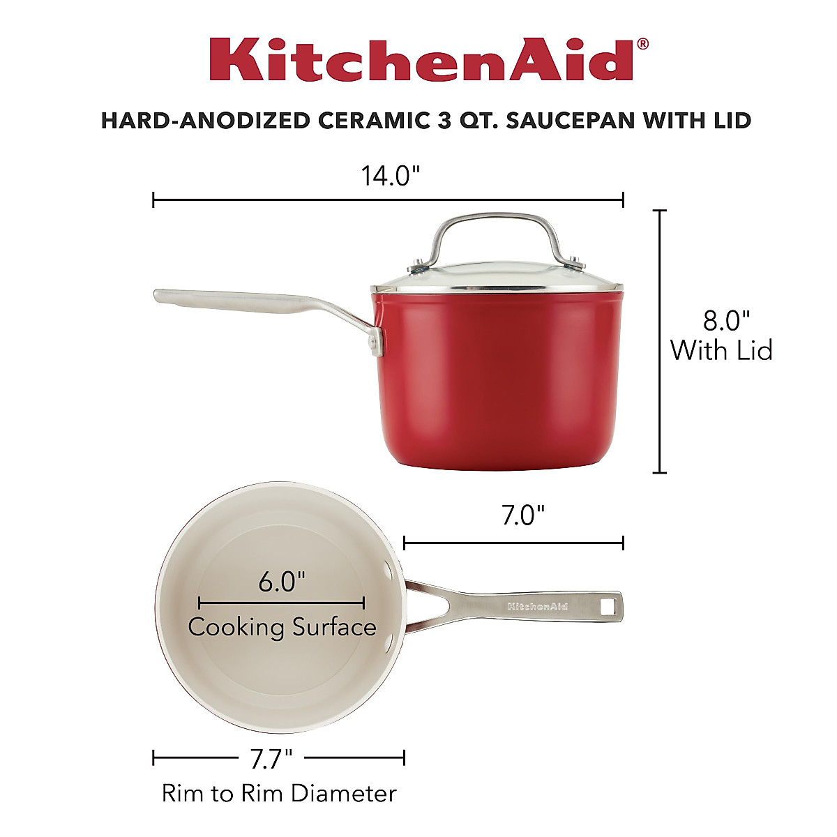 KitchenAid Hard Anodized Ceramic Nonstick Cookware Sauce Pan with Lid, 3 Quart, Empire Red