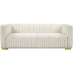 Meridian Furniture 640Cream-S Ravish Collection Modern | Contemporary Velvet Upholstered Sofa with Deep Channel Tufting + Both Gold & Chrome Legs Included