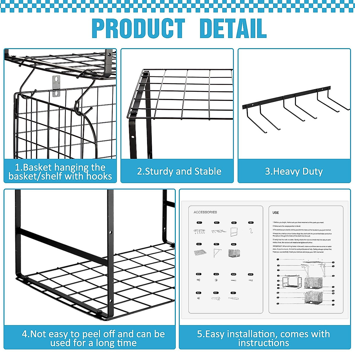 Willinglong 6 Pcs Wall Mounted Garage Shelf with Wire Baskets Set Garage Wall Shelving Tool Organizer Wall Mount Heavy Duty Garage Organization Shelves with Tool Rack and Hooks for Home Garden Storage