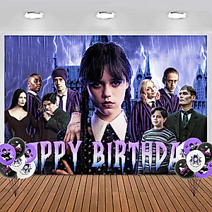 Wednesday Addams Birthday Supplies -Wednesday Birthday Party Decorations include Happy Birthday Banner, Tableware Set, Tablecloth, Backdrop, Cake Toppers, Cupcake Toppers, Latex Balloons