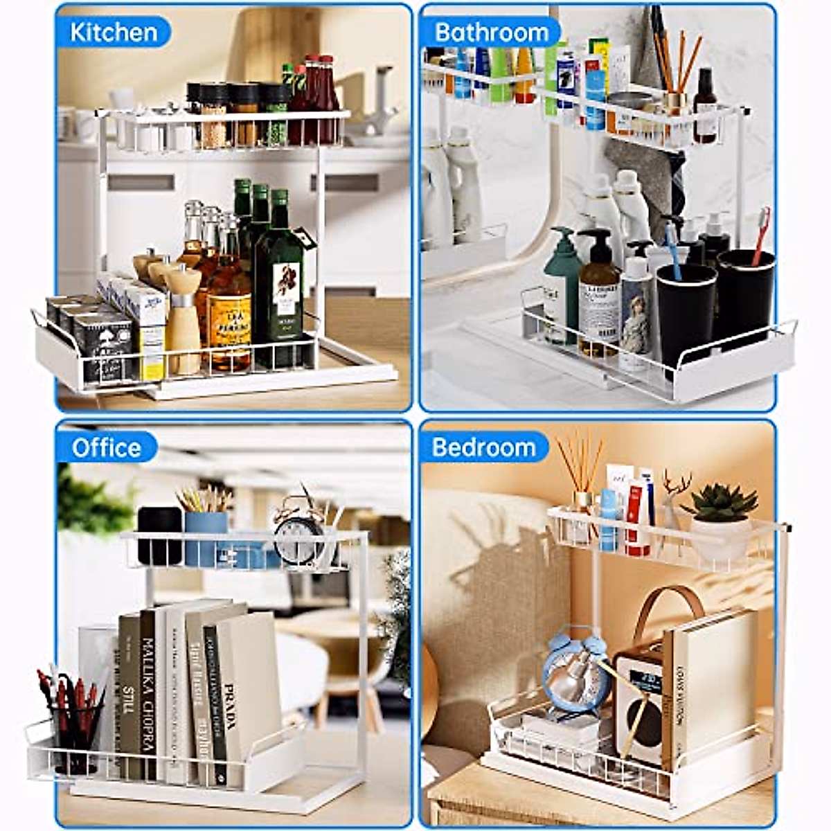 Under Sink Organizers and Storage, Painted Steel Under Cabinet Storage Pull Out Bathroom Organizer with Handles, 2 Tier Under Sink Storage Kitchen Space Rack for Countertop, White