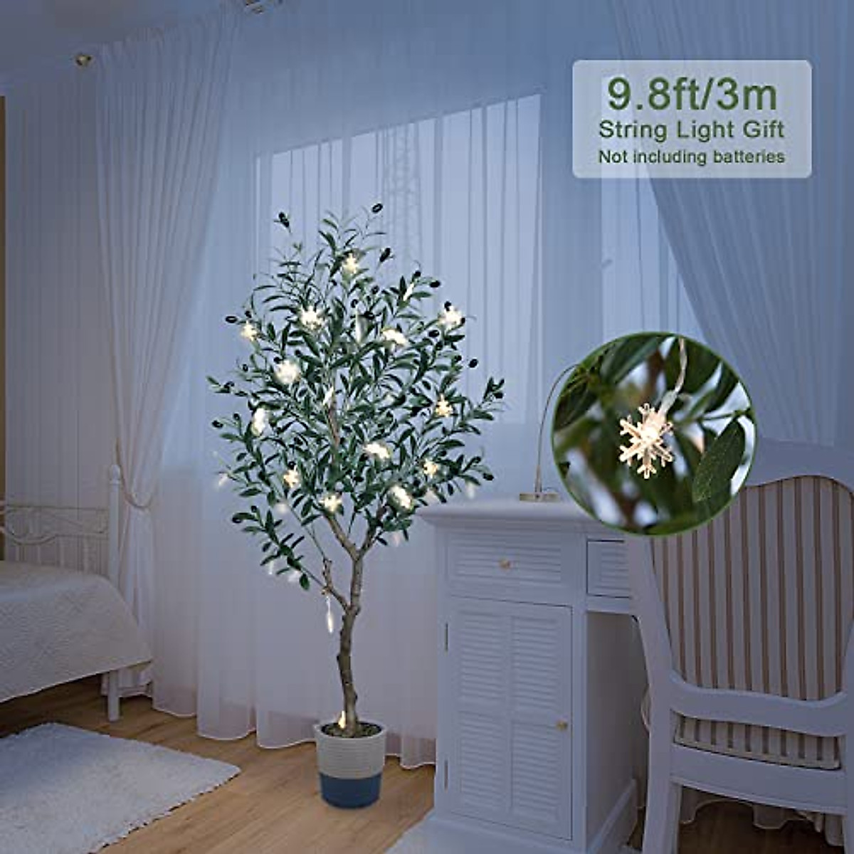 Kayfia Artificial Olive Tree 4.3FT Tall Fake Tree Silk with Rope Woven Basket Free Snowflake Light Strip and Olive Branches Tall Faux Plants for Modern Office Living Room Entryway Home Decor Indoor
