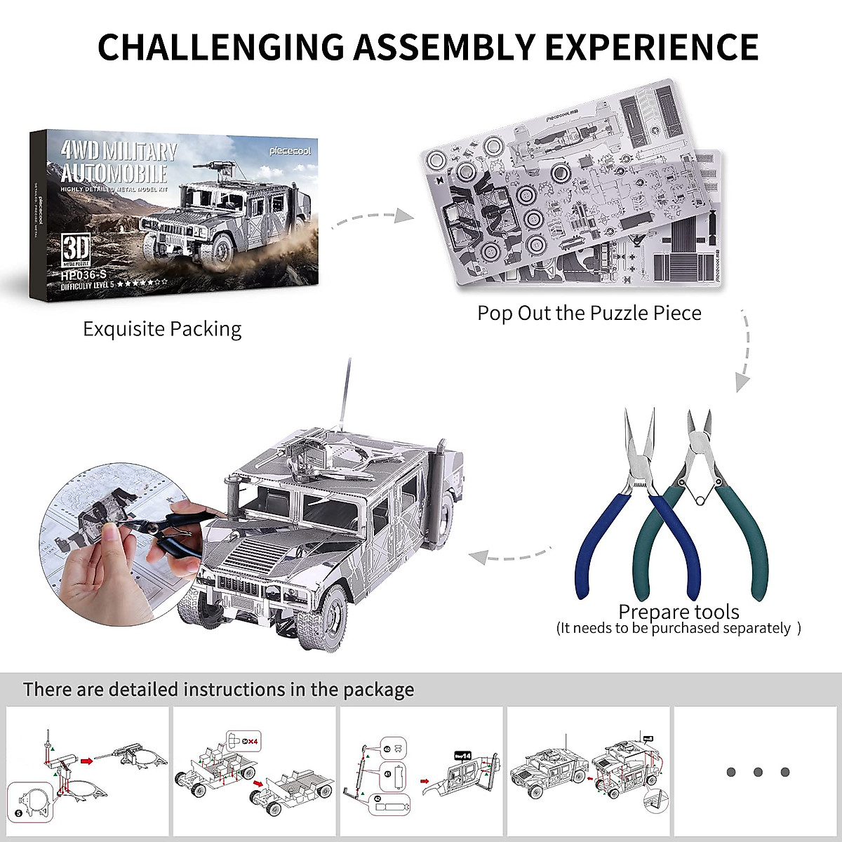 Piececool 3D Metal Puzzle Car Model Kits, American Hummer H1 Military Vehicle Models Kit, Brain Teaser DIY Metal Model Building Kits for Adults Teens Stress Relief, Best Gifts for Dad, 78Pcs