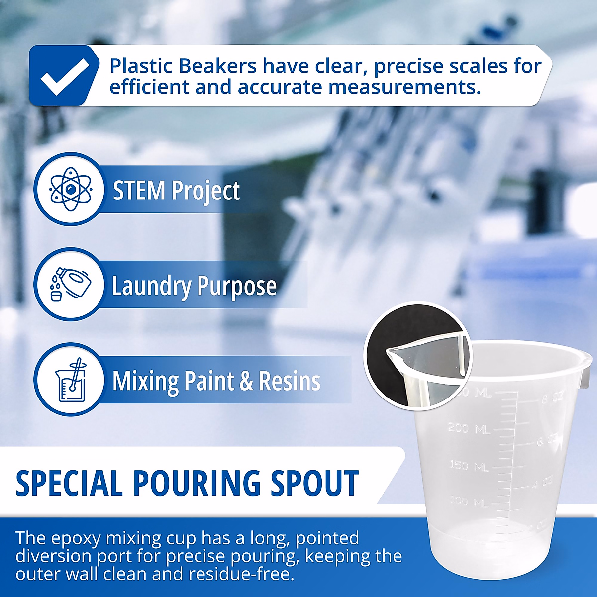 Plastic Beaker 250ml / 8.45 oz Set of 50 by Maryland Plastics – Clear Graduated Disposable Beakers with Pour Spout – Perfect for Resin Mixing, Science Labs, and Home Use