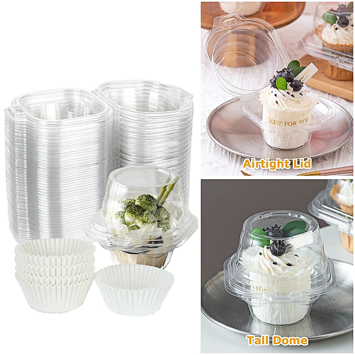 FVIEXE 100 Pack Individual Cupcake Containers, Single Plastic Cupcake Storage Boxes, Disposable Clear Cupcake Holder with Lid To Go Muffin Transport Carrier with 100 Pack Cupcake Liners for Party