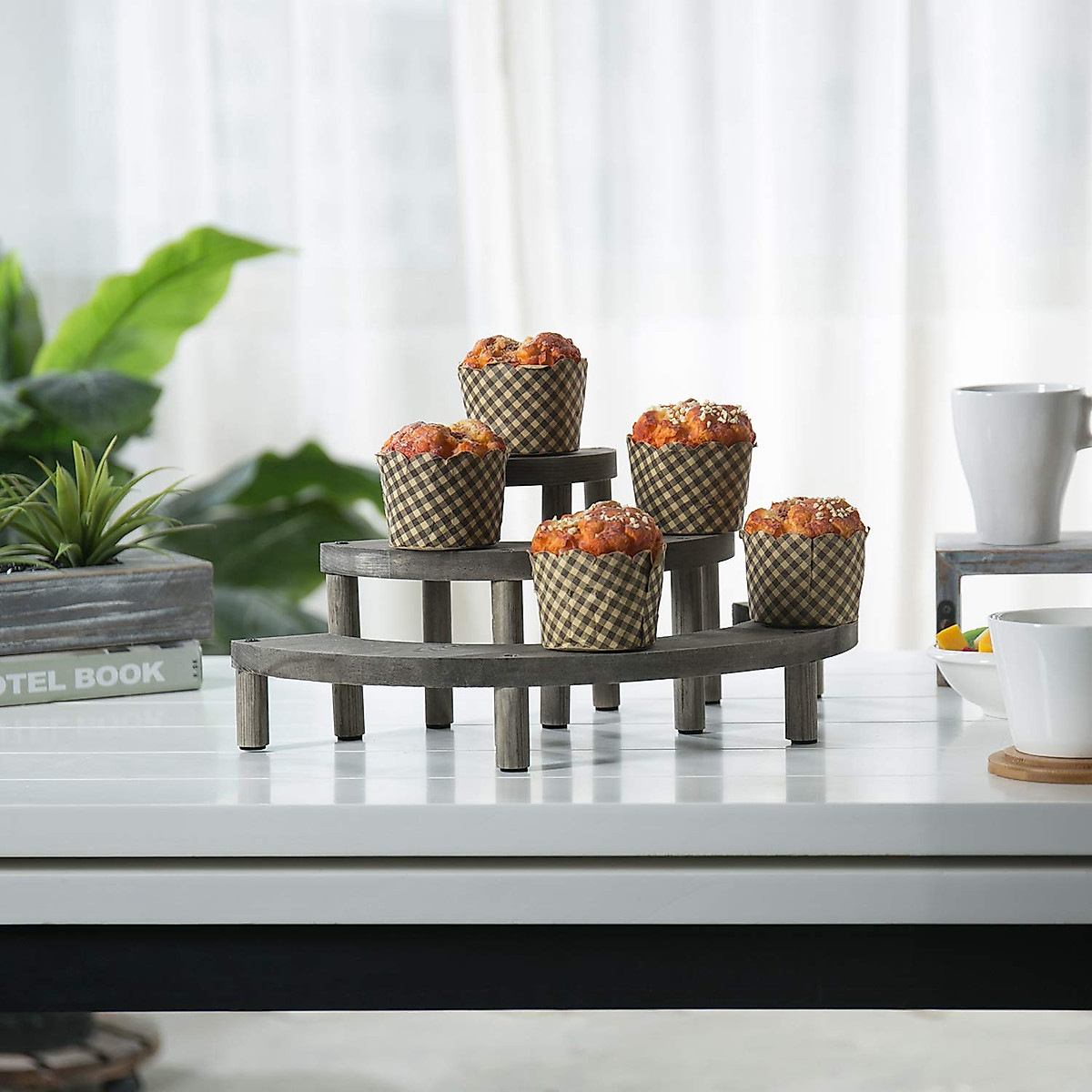 MyGift Semicircle 3 Level Cupcake Stand Set, Vintage Gray Wood Display Riser, 3-Piece Set