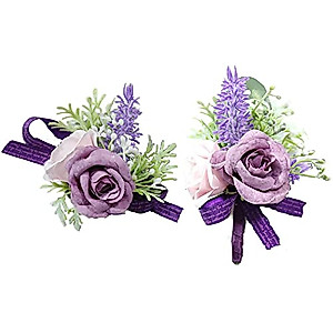 lengenyen 2Pcs Purple Wrist Corsage and Boutonniere Set, Artificial Rose Flower Corsage Wristlet and Men's Boutonniere Set for Wedding Prom Anniversary Homecoming Formal Dinner Party