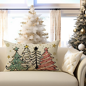 Fjfz Christmas Tree Lumbar Decorative Throw Pillow Cover 12 x 20, Rectangular Pink Green Xmas Polka Dot Stripe Snowflake Outdoor Home Decor, Golden Stars Winter Holiday Seasonal Farmhouse Cushion Case