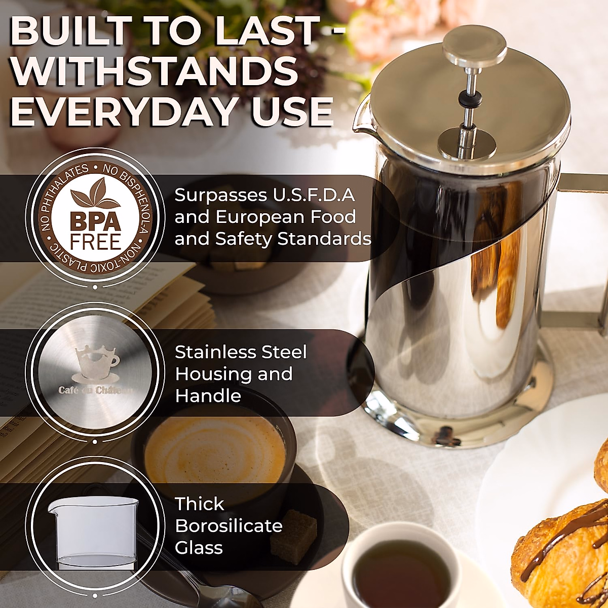 Cafe Du Chateau French Press Coffee Maker - Heat Resistant Glass with 4 Level Filtration System, Stainless Steel Housing - Brews Coffee and Tea - Large 34 Oz Carafe Coffee Presser