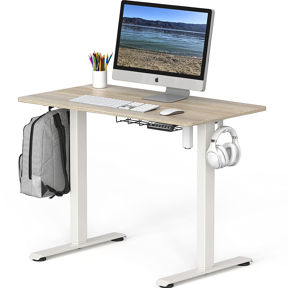 SHW Small Electric Height Adjustable Sit Stand Desk with Hanging Hooks and Cable Management, 40 x 22 Inches, White Frame and Maple Top