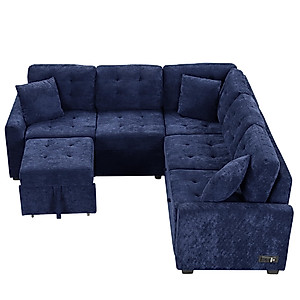 Pull Out Couch Sectional Sleeper Sofa Couch with Pull Out Bed Convertible Sofa Bed with USB Ports and Power Sockets L Shaped Couch for Living Room, Navy Blue