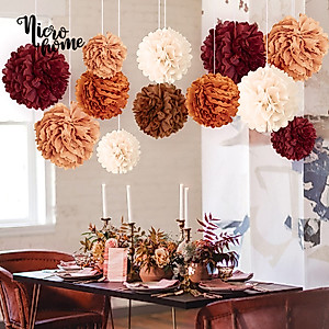 NICROHOME 12 PCS Wedding Party Decorations - Carmine, Rust Orange, Light Brown Tissue Paper Pom Poms for Rustic Wedding, Retro Parties, Baby Shower, Birthday,Thanksgiving