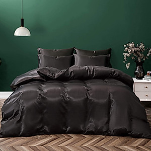 Pride Beddings 5 Pieces Satin Duvet Cover California King Size Black Duvet Cover Bedding Set with Zipper Closure, 1 Duvet Cover + 4 Pillow Cases