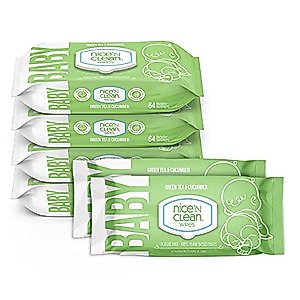 Nice 'N Clean Scented Baby Wipes | Made with Plant-Based Fibers | Green Tea Cucumber Scent | 64 Wipes (Pack of 6)