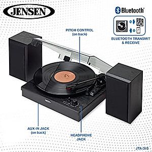 Jensen JTA-315 Dual Bluetooth Turntable (33/45/78 RPM) - 20 Watts (Black)