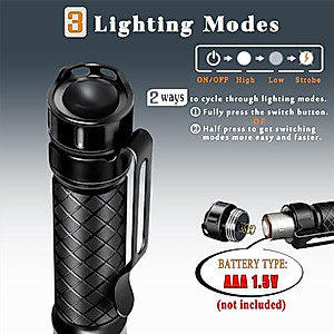 Mini Flashlight 3 Modes Small Flashlights LED Powerful High Lumens Tactical Pen Light with Clip,Slim Portable Pocket Compact Torch for Emergency Inspection AAA Battery Water-Resistant (3.4 & 5.2 inch)