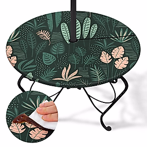 Britown Tropical Palm Leaf Round Outdoor Tablecloth With Umbrella Hole, Fitted Table Cover With Zipper, Outdoor Camping Essentials, Waterproof Umbrella Table Cloth with elastic (45''-54'')