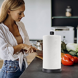 Stainless Steel Black Paper Towel Holder Designed for Easy One-Handed Operation - This Sturdy Weighted Paper Towel Dispenser Countertop Model Has Suction Cups and Holds All Paper Towel Rolls