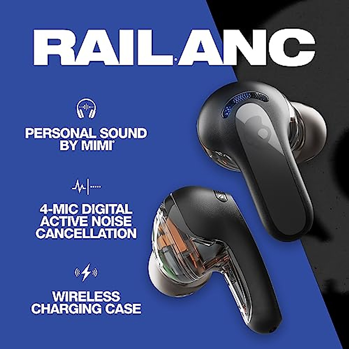 Skullcandy Rail ANC In-Ear Noise Cancelling Wireless Earbuds, 27 Hr Battery, Microphone, Works with iPhone Android and Bluetooth Devices - True Black