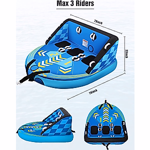 Vitalmeter Towable Tube for Boating 3 Rider Inflatable Water Sports Towable Tube with EVA Foam Seat Pads, Dual Tow Points, Grip Handles for Kids Adults Blue