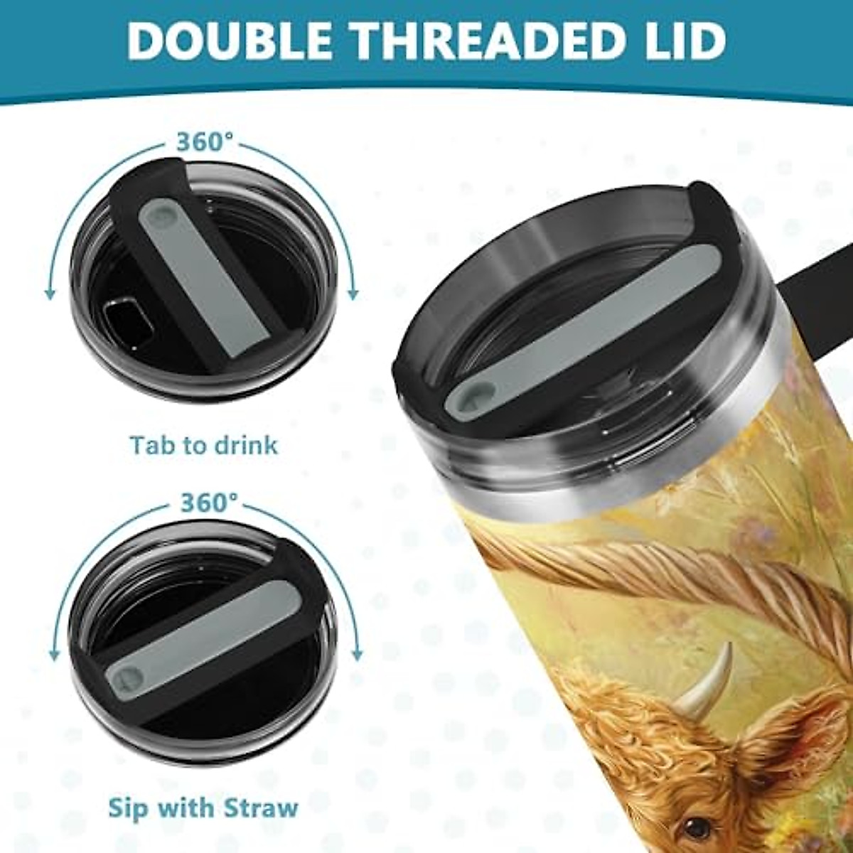 Flradish 30oz Tumbler with Handle, Highland Cow Flowers Stainless Steel Tumbler with Lid and Straws Double Wall Vacuum Insulated Leakproof Coffee Travel Mug