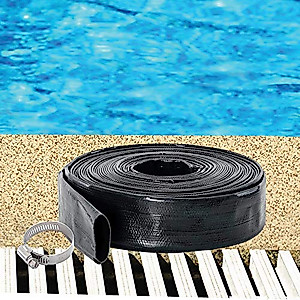 POOLWHALE Heavy Duty 1-1/2" x 100' Thick 1.2mm Black Backwash Pool Hose with Clamp - Flat Water Discharge Hose - Chemical and Weather Resistant - Drain Clean Swimming Pools & Filters