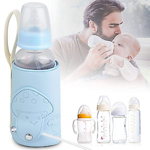 Qinlorgo Portable Bottle Warmer, 10W USB Microfiber PU Baby Bottle Warmer Travel Bottle Warmer with Indicator Light for Water Cups, Mineral Water Bottles, Milk Boxes(Blue)