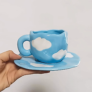 Noviko Cloud Cup with Saucer Blue Coffee Mug Latte Cup Cute Teacup and Saucer, Dishwasher and Microwave Safe, 10 oz