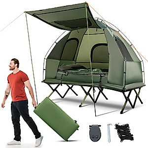 Tangkula 5-in-1 Tent Cot, 2 Person Camping Tent Combo with Awning, Air Mattress, Sleeping Bag, Air Pillow, Camping Cot, Elevated Single Cot Tent with Carrying Bag for Outdoor Hiking, Picnic, Travel