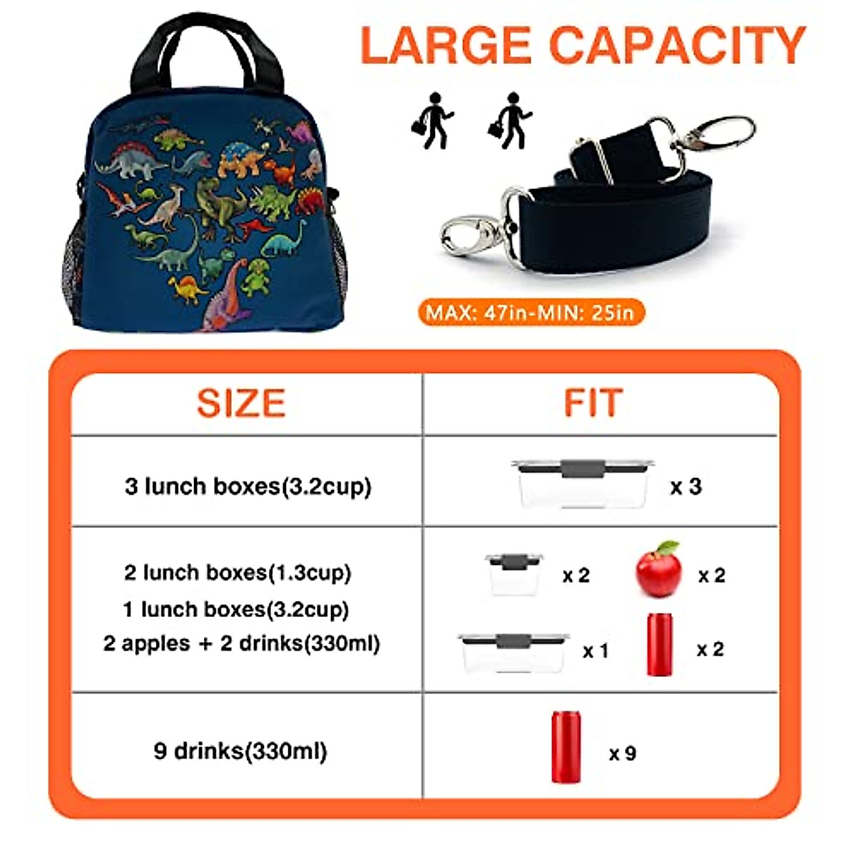 TONGRUIQ Insulated Lunch Bag Women Insulated Small Lunch Tote Box Bags With Adjustable Shoulder Strap Reusable Dinosaurs Lunch Bag for Work Picnic Hiking or Travel