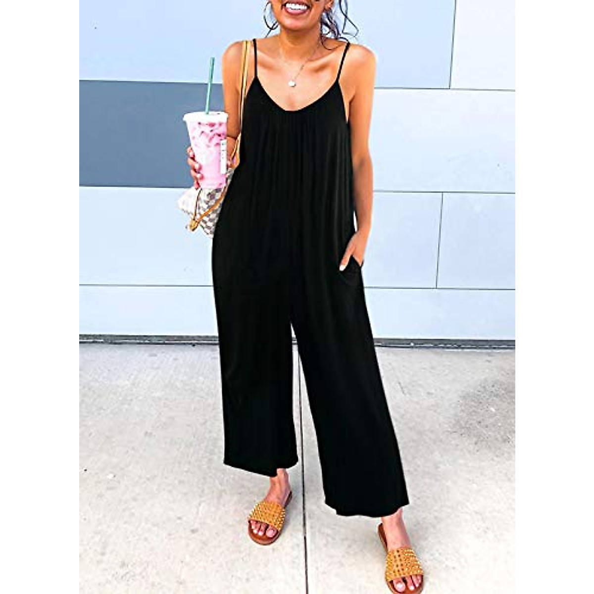Dokotoo Women's Loose Plus Size Black Jumpsuits for Women Adjustable Spaghetti Strap Stretchy Wide Leg Solid One Piece Sleeveless Long Pant Romper Jumpsuit with Pockets 2XLarge