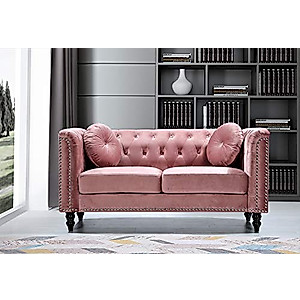 Container Furniture Direct Kittleson Velvet Chesterfield Loveseat for Living Room, Apartment or Office, Mid Century Modern Diamond Tufted Couch with Nailhead Accent, 64.17", Natural Pink
