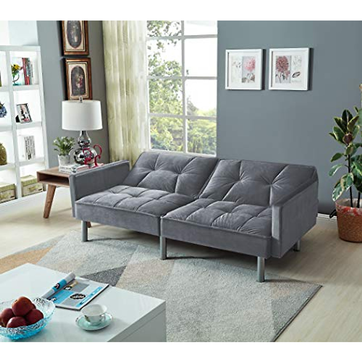 Legend Furniture Velvet Sofa Bed Sleeper with Pillow Sofabed, Grey