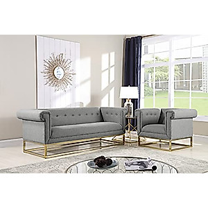 Iconic Home Palmira Sofa Button Tufted Linen-Textured Plush Cushion Brass Finished Brushed Metal Base Frame, Modern Transitional, Grey