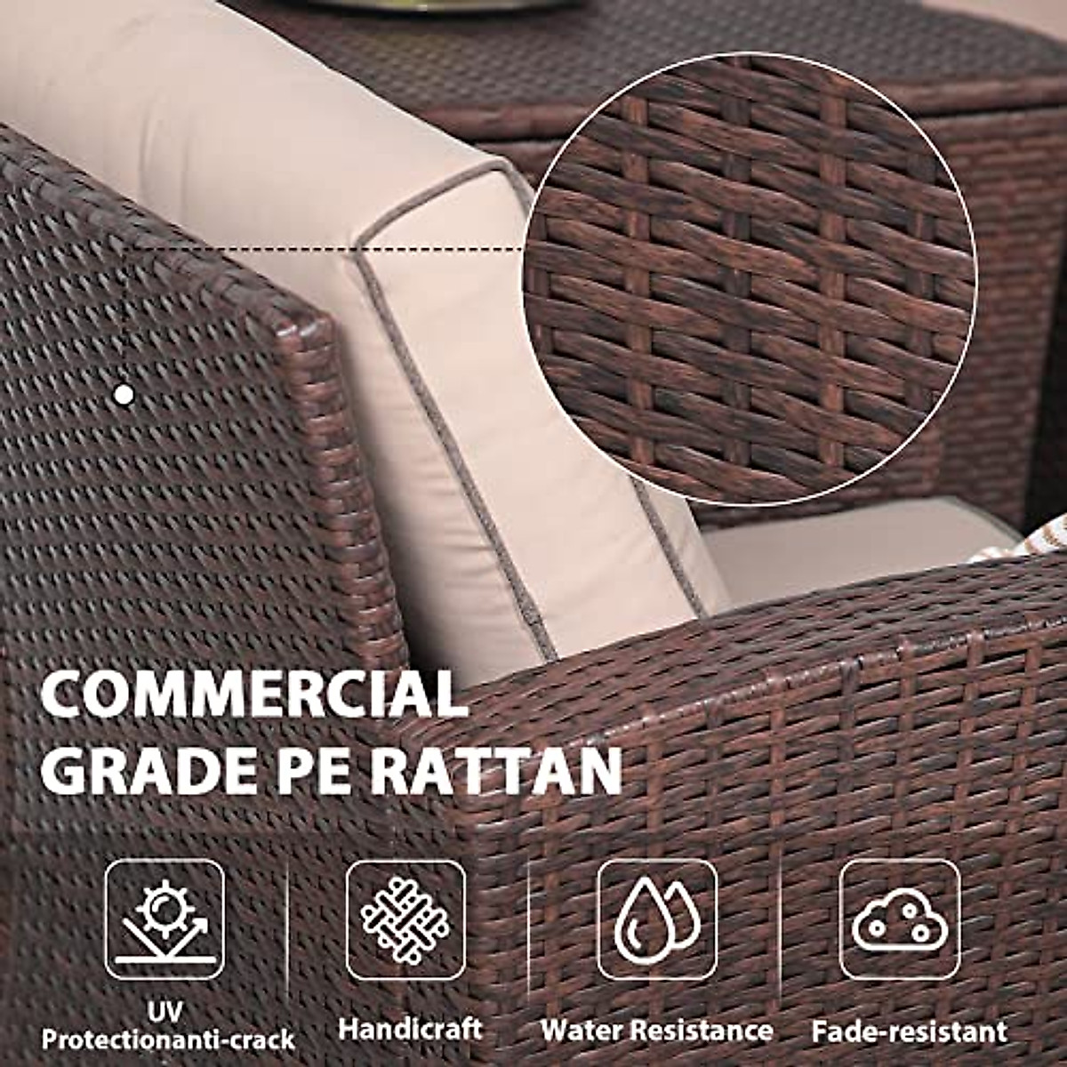JOIVI PE Wicker Patio Furniture Set, 5 Piece Outdoor Sectional Conversation Sofa Set with Storage Box, Brown Rattan Loveseat Couch Sofa and Tempered Glass Table, Beige Cushions