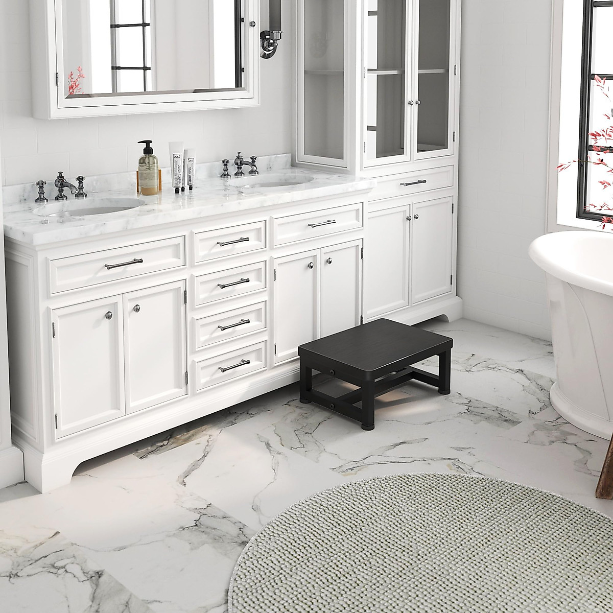 Step Stools for Adults Kids, Sturdy Wooden Stepping Stools with 450LB Capacity, Anti-Slip Bed Steps Stool for High Beds, Foot Stool One Step Stool for Kitchen Bathroom Bedroom, Black