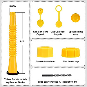 Gas Can Spout Replacement, Gas Can Nozzle,(3Kit-Yellow) with 6 Screw Collar Caps(3 Coarse Thread &3 Fine Thread-Fits Most of The Cans) with Gas Can Vent Caps, Thick Rubber pad, Spout Cover, Base Caps