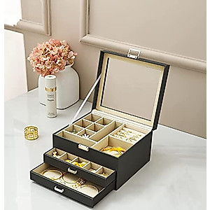 MTGOCHA Jewelry Box for Men Women, 3 Layers Glass Lid Jewelry Organizer with 2 Drawers Large Jewelry Storage Box for Rings Earrings Necklace Bracelets Jewelry Display Case for Women Mens,Black