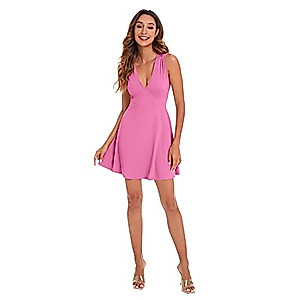 Verdusa Women's Deep V Neck Sleeveless Ribbed A Line Short Skater Dress Hot Pink S